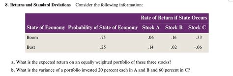 8 returns and standard deviations consider the