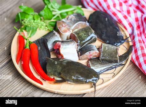 Catfish Fillet On Wooden Plate Fresh Raw Catfish Menu Freshwater Fish