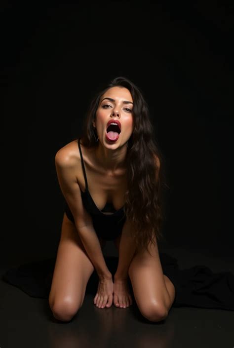 Woman Similar To Sydney Sweeny On Her Knees Opening Her Mouth And