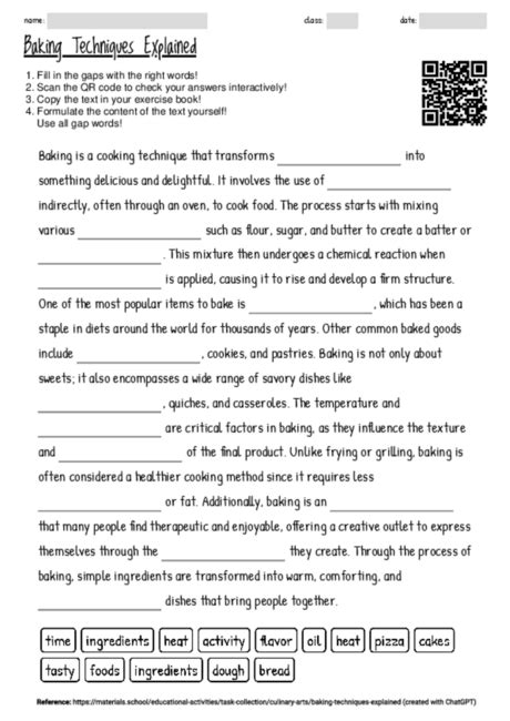 Worksheet With The Topic Baking Techniques Explained Materialsschool