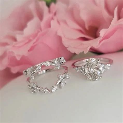 2ctw Oval Cut Moissanite Engagement Ring Set 10k Solid Gold Wedding