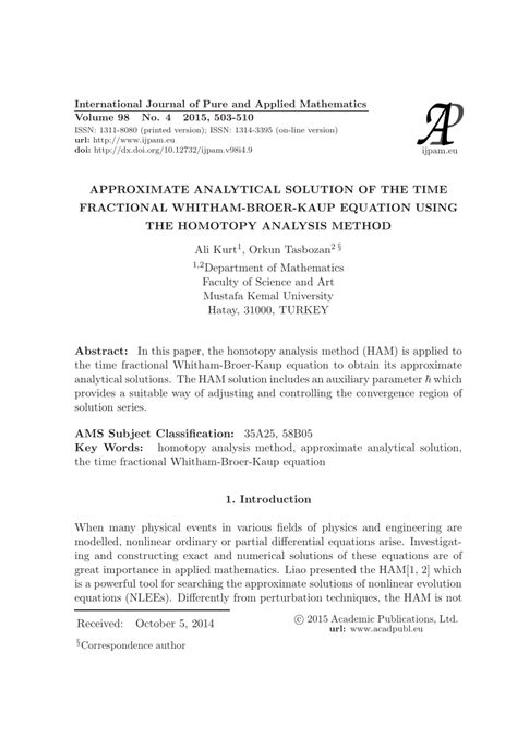 Pdf Approximate Analytical Solution Of The Time Fractional Whitham