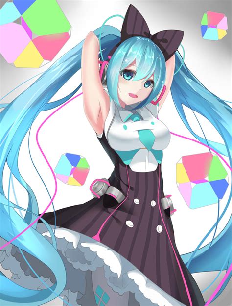 Safebooru 1girl Aqua Eyes Aqua Hair Armpits Arms Up Cowboy Shot Dress