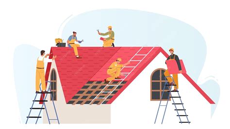 Premium Vector Roof Construction Workers Characters Conduct Roofing