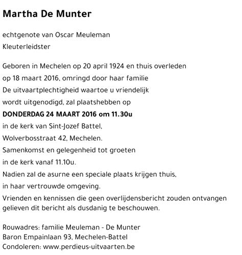 Avis De Décès De Martha De Munter Décédé Le 18 03 2016 à Annonce Condoléances Fleurs Etc