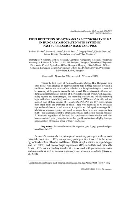 Pdf First Detection Of Pasteurella Multocida Type B2 In Hungary
