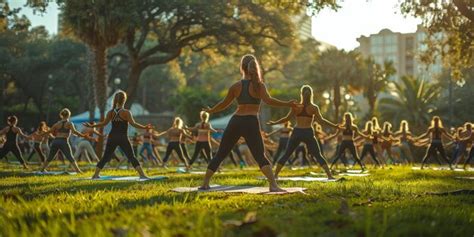 Premium Photo Group Of Adults Attending A Yoga Class Outside In Park
