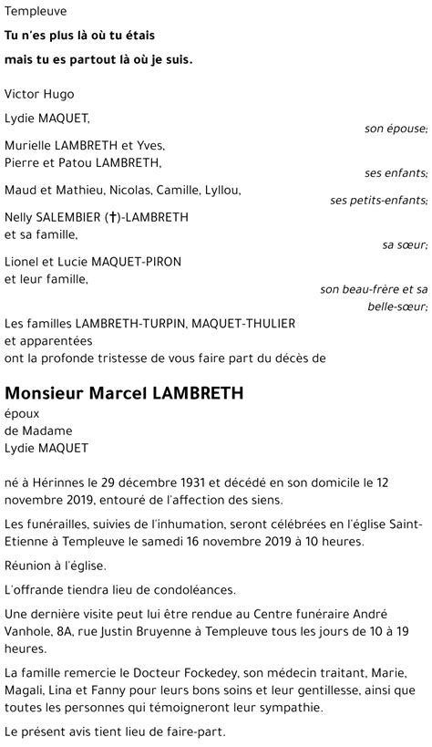 Avis De Décès De Marcel Lambreth Décédé Le 12 11 2019 à Templeuve Annonce Condoléances
