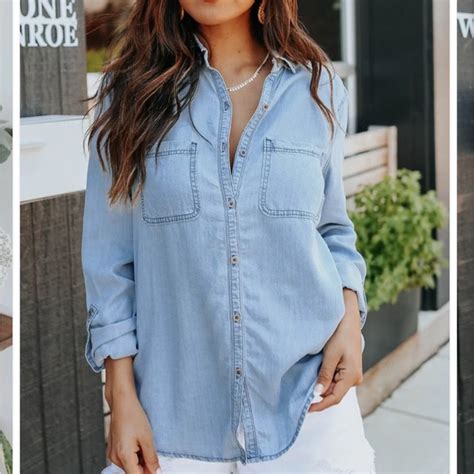 Magnolia Tops New Light Wash Denim Chambray Button Down Small And