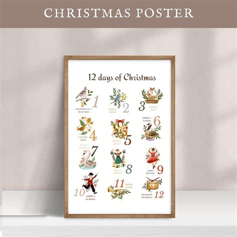 Twelve Days Of Christmas Poster Holiday Carol Art Pdf Etsy