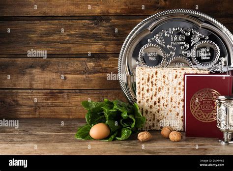 Symbolic Pesach Passover Seder Items On Wooden Table Space For Text