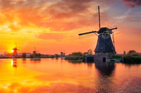 Fundo Paisagem Rural Da Holanda Com Moinhos De Vento No Famoso Local