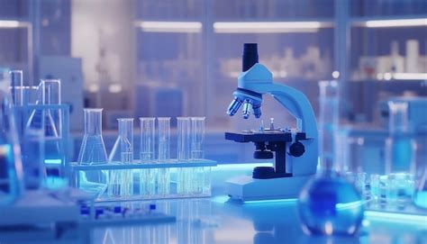 Laboratory With Microscopes Test Tubes And Blue Lighting Background Premium Ai Generated Image