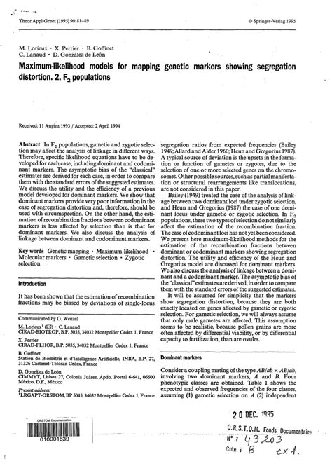 Pdf Maximum Likelihood Models For Mapping Genetic Markers Showing Segregation Distortion 2