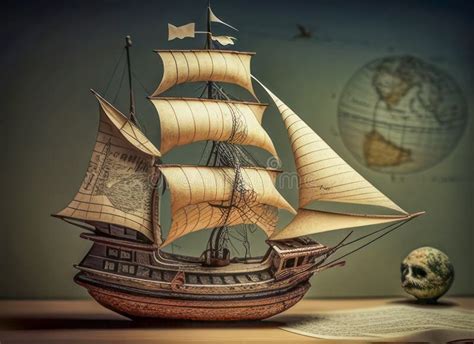 Wooden Ship Model And Compass Rose Wall Art Stock Illustration
