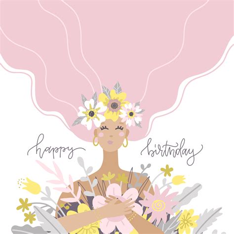 A Cute Girl Holding A Bouquet Of Flowers Happy Birthday Greetong Card