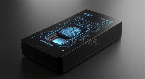 Fingerprint Scanning Device With Glowing Blueprint Design On Black Surface Stock Illustration