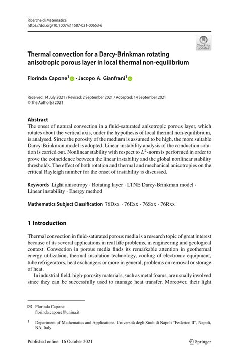 Pdf Thermal Convection For A Darcy Brinkman Rotating Anisotropic