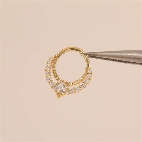 14k Solid Gold Double Row Septum Ring Hinged Clicker Hoop Embossed