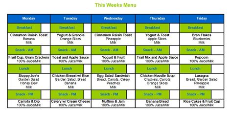 Sample Daycare Menu Colorful Weekly Menu Healthy Meal Plan Meal Planning For Families