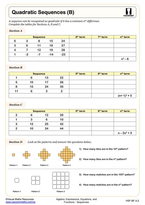 Quadratic Sequences B Worksheet Algebra Ii Pdf Worksheets