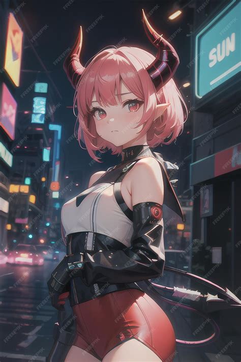 Premium Photo Waterfall Braid Red Demon Horns Cyperpunk Vibes Girl Synthwave City Night Neon