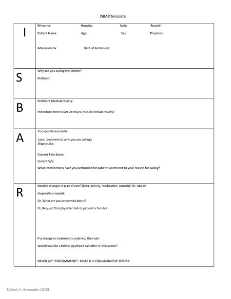Sbar Template Situation Background Assessment Recommend Edited A