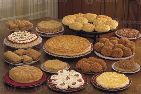 A Table With Many Different Types Of Cakes And Pastries 66456908 Stock