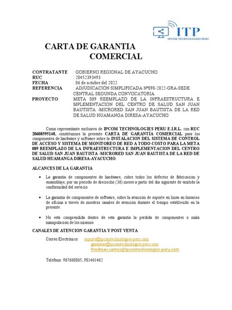 Carta De Garantia Comercial Notarial Pdf Telecomunicaciones Edad De Información