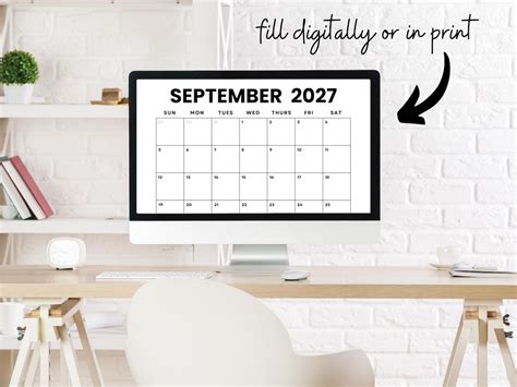 September 2027 Calendar Printable Minimalist Monthly Planner Digital