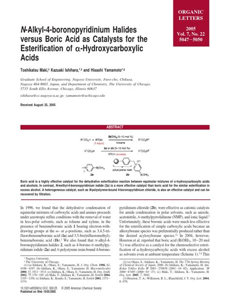 Boric Acid As Catalysts For The Esterification Of α Hydroxycarboxylic Acids Pdf Ester