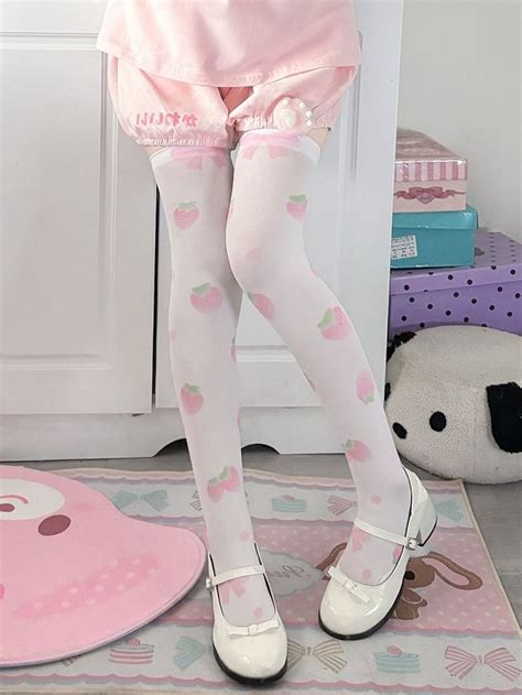 999 White And Pink Strawberry And Bowknot Print Over Knee Stockings