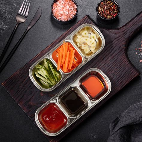 Hotpot Condiment 6 Pack Stainless Steel Dipping Trays 3 Compartment