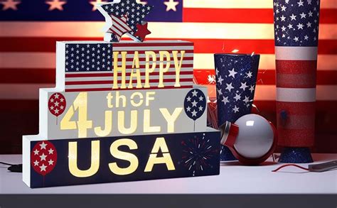 Wbao 4th Of July Decorations Indoor 9 4inch Premium Wooden Block Set With Glowing 3d