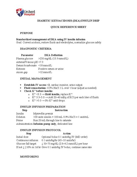 Dka Management Quick Reference Sheet Insulin Drip Studocu