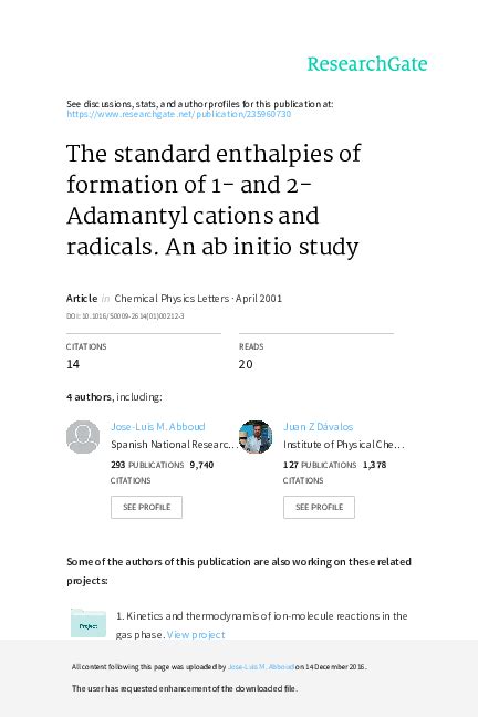 Pdf The Standard Enthalpies Of Formation Of 1 And 2 Adamantyl Cations And Radicals An Ab