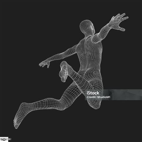 점프 맨 다각형 디자인입니다 남자 기하학적 디자인의 3d 모델입니다 사업 과학 및 기술 벡터 일러스트 레이 션입니다 3d 다각형 덮 음 피부입니다 인간의 다각형 몸입니다