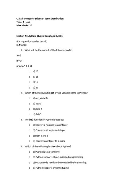 Class 8 Cs Exam Python Basics Pdf