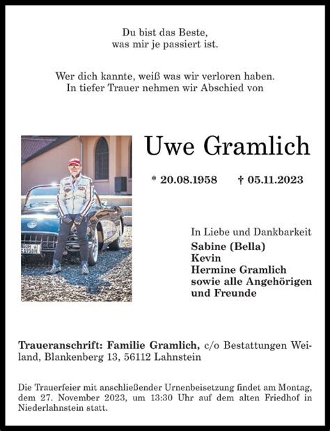 Traueranzeigen Von Uwe Gramlich Rz Trauer De