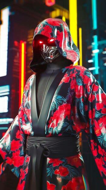 A Man In A Costume With A Mask On It And A Red Mask On The Front
