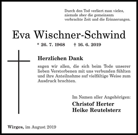 Traueranzeigen Von Eva Wischner Schwind Rz Trauerde
