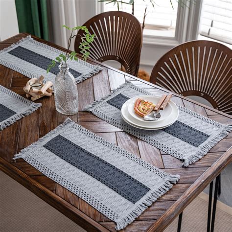 Tassels Boho Placemats Set Of 2 Macrame Place Mats Burlap Splicing Woven Rectangular Table Mats
