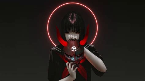Anime School Girl Oni Mask Live Wallpaper Moewalls