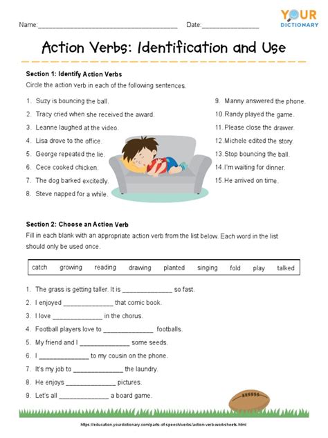 Action Verbs Identification Use Worksheet Pdf