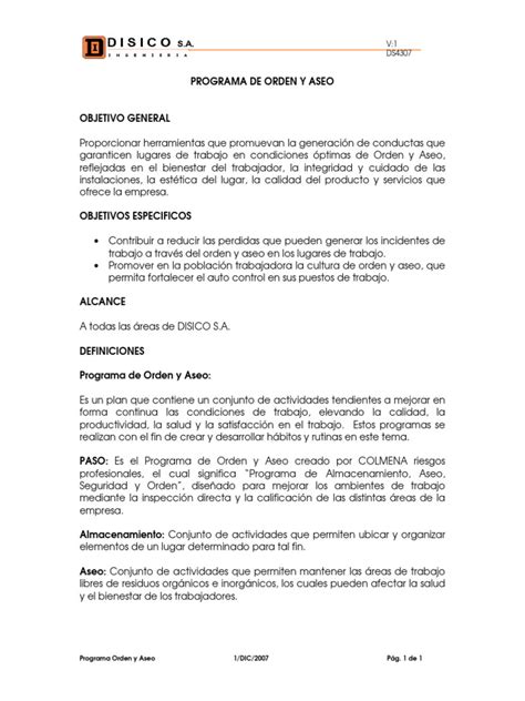Ds4307 Programa Gestion Orden Y Aseo Pdf Business Higiene