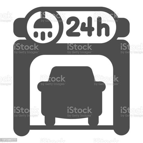 단단한 아이콘 내부의 세차 표지판과 차량 세차 개념 흰색 배경에 차고 표지판 모바일용 글리프 스타일의 세차 입구 아이콘이 있는 차고 벡터 그래픽 개념에 대한 스톡 벡터 아트