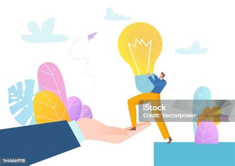 사업가는 거대한 전구 조명 작은 비즈니스 캐릭터 창조적 인 화려한 아이디어 평면 벡터 삽화를 흰색으로 격리합니다 개념에 대한 스톡 벡터 아트 및 기타 이미지 Istock