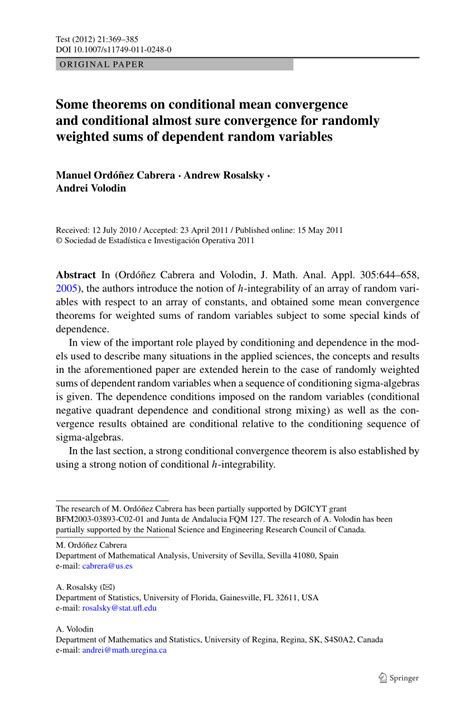 Pdf Some Theorems On Conditional Mean Convergence And Conditional Almost Sure Convergence For