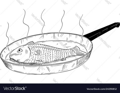 Cartoon Drawing Of Fish Cooked On Frying Pan Vector Image