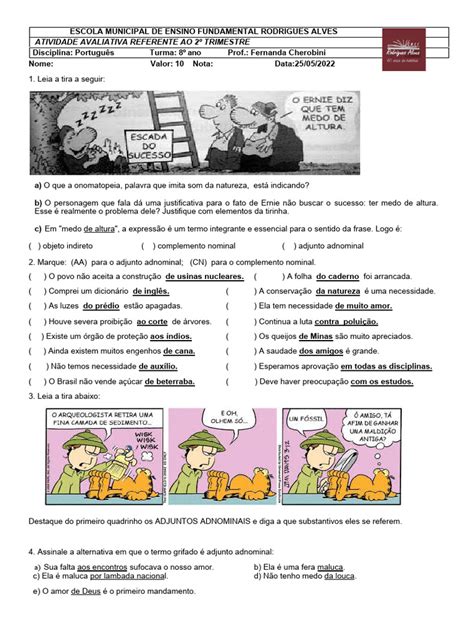 Prova Adjunto Adnominal Adjunto Adverbial E Complemento Nominal Pdf